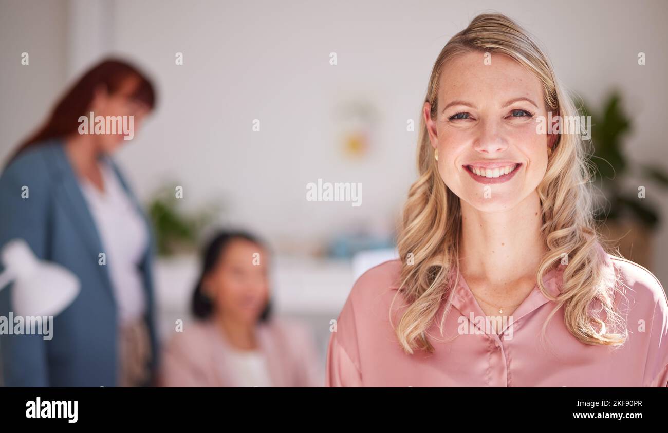 Leadership, portrait and woman in meeting with team in office, happy ...