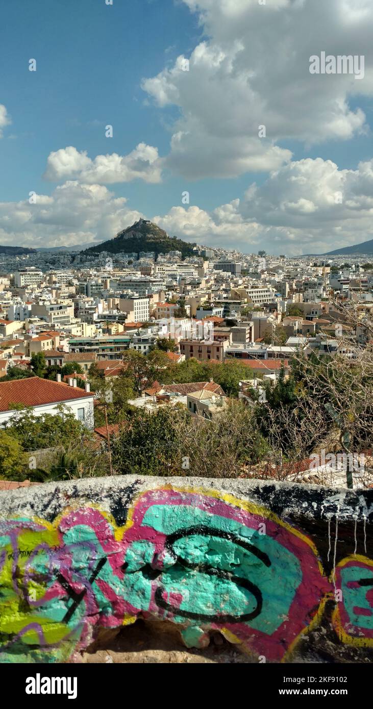Areopag Athens greece panorama graffiti Blue Sky clouds Stock Photo - Alamy