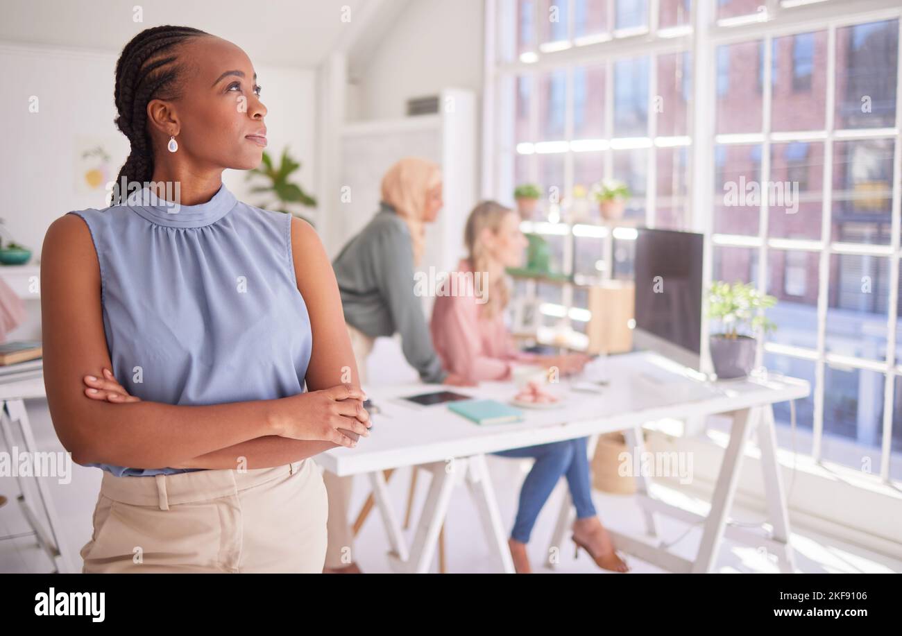 Black woman, leadership and vision with arms crossed for corporate ...