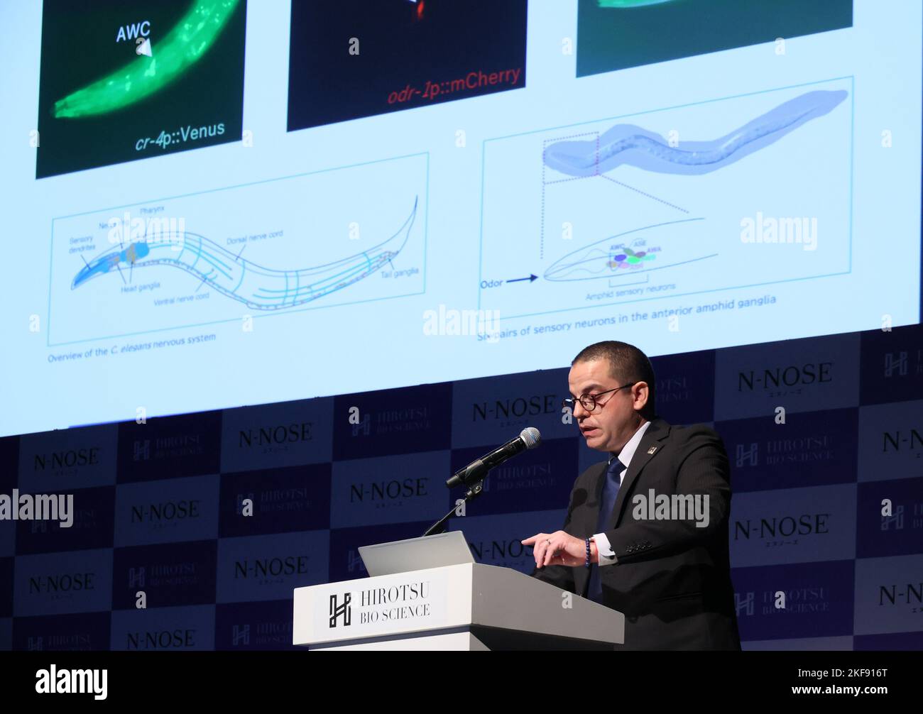 Tokyo, Japan. 17th Nov, 2022. Eric di Luccio, CTO of Hirotsu Bioscience announces the company ...