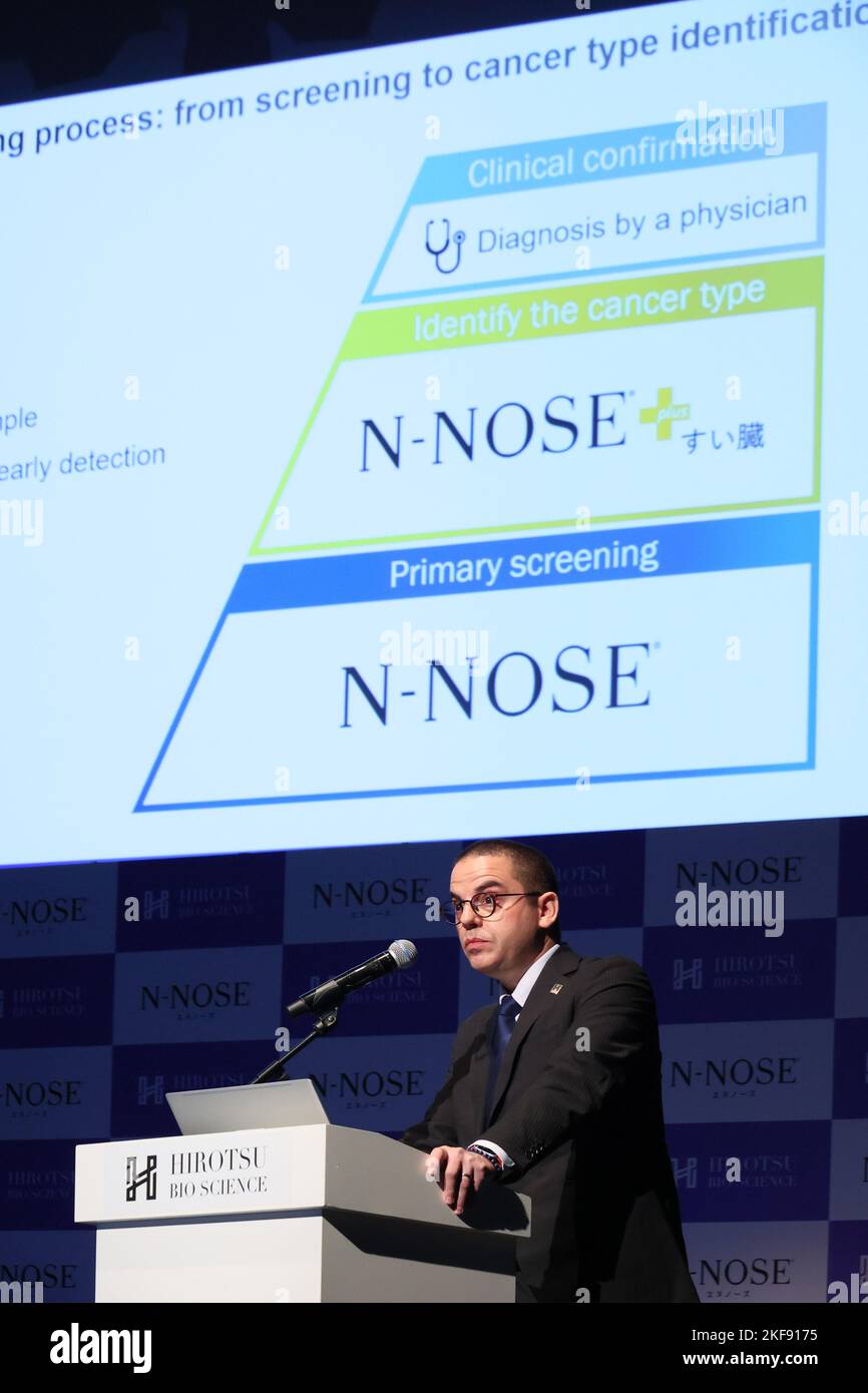 Tokyo, Japan. 17th Nov, 2022. Eric di Luccio, CTO of Hirotsu Bioscience announces the company ...