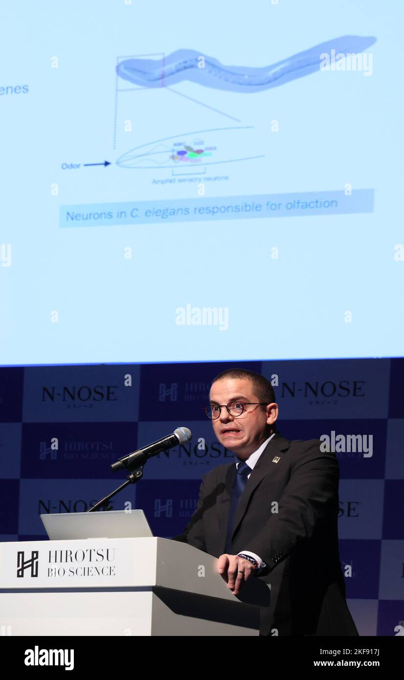 Tokyo, Japan. 17th Nov, 2022. Eric di Luccio, CTO of Hirotsu Bioscience announces the company ...