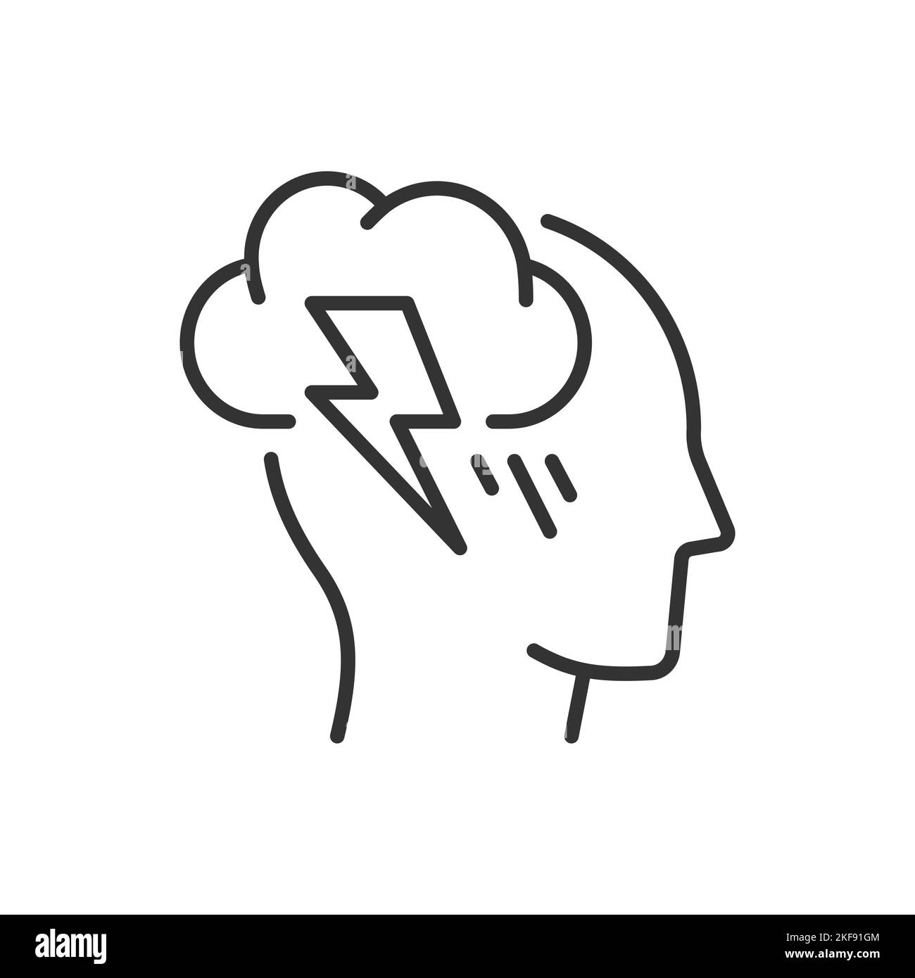 Human head with storm and lightning. Line icon. Editable stroke. Vector ...