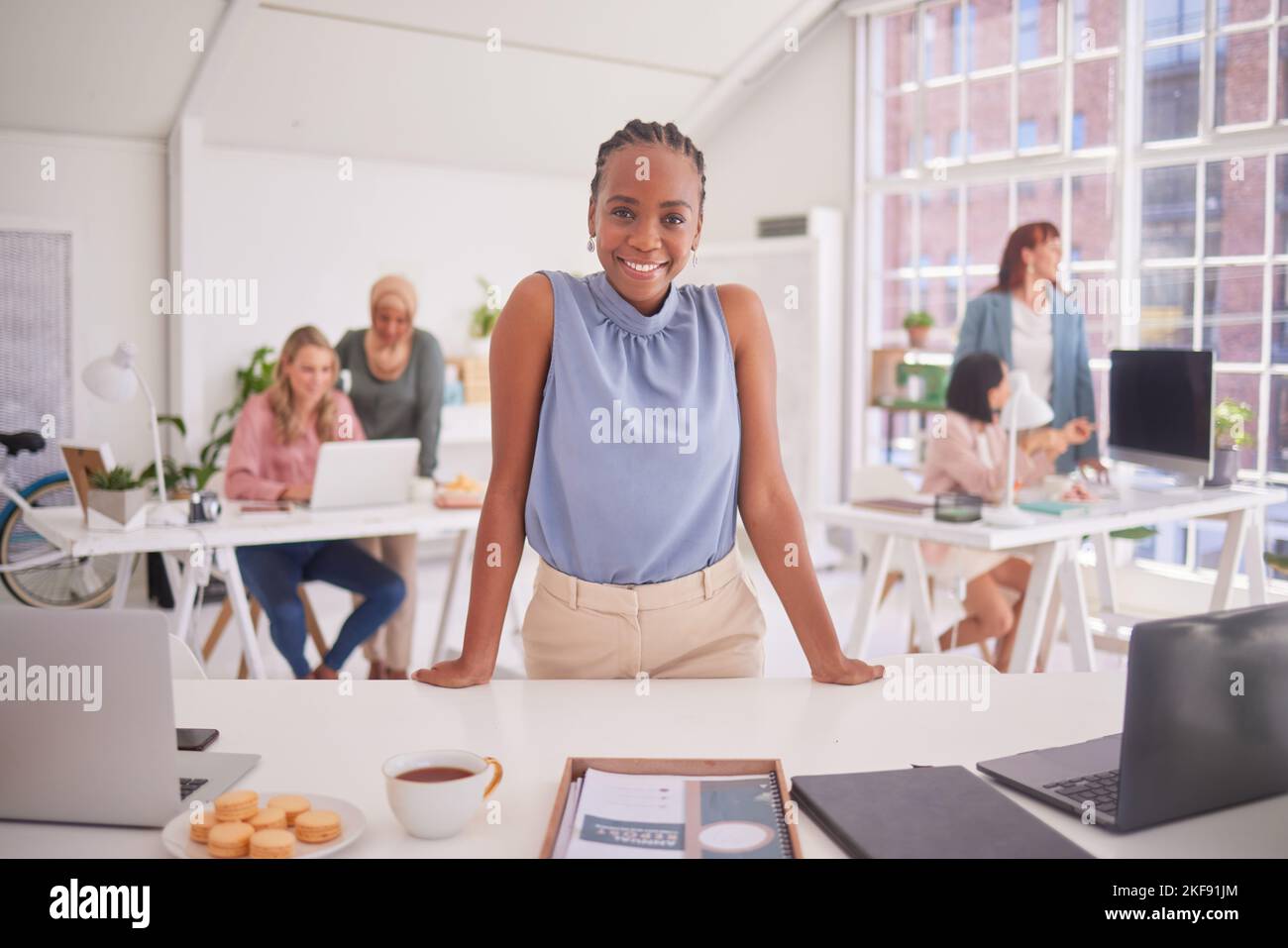 Leader, vision and black woman in office for training, collaboration ...