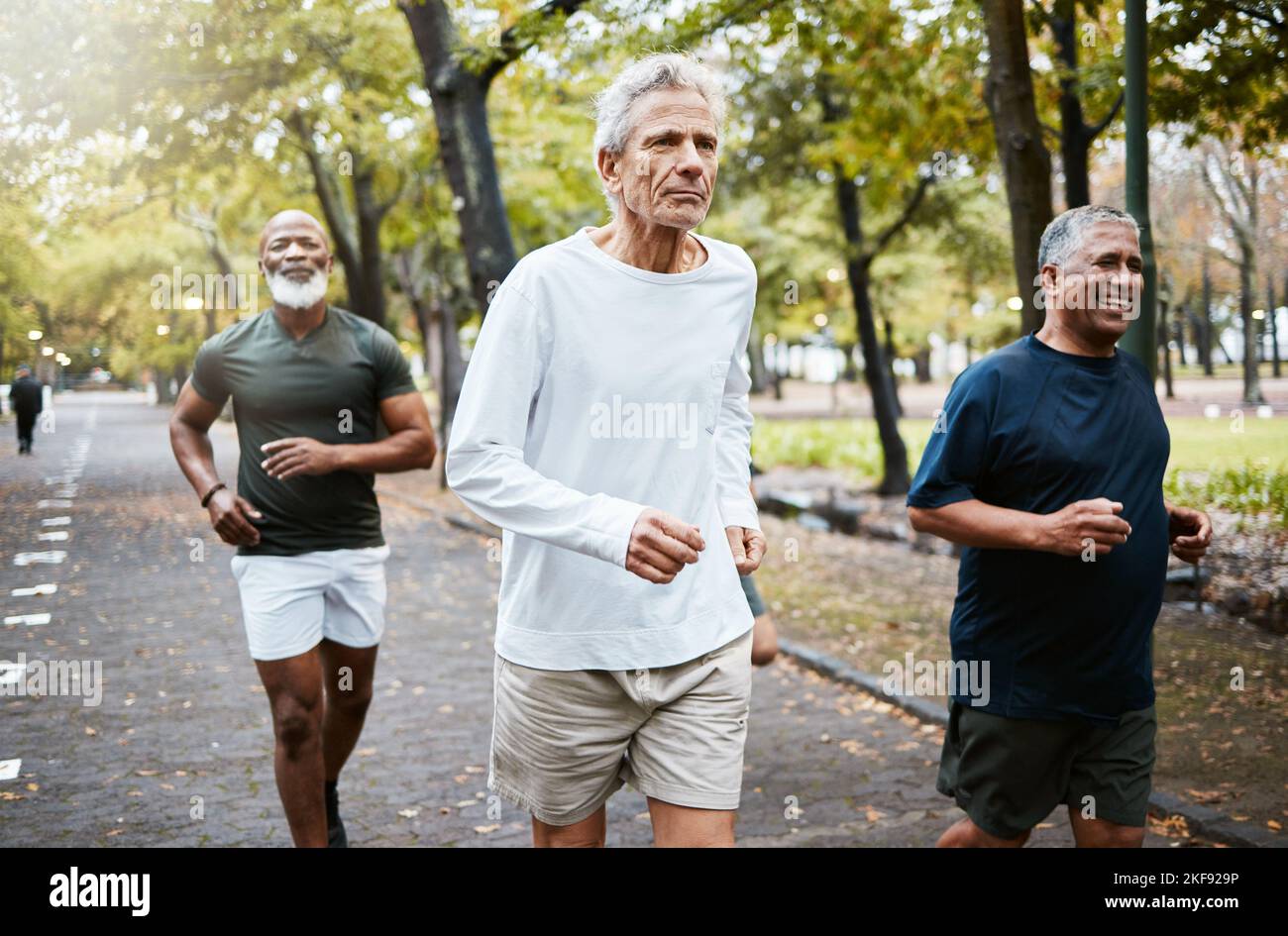 Run, group and senior men training, running and in street for health ...