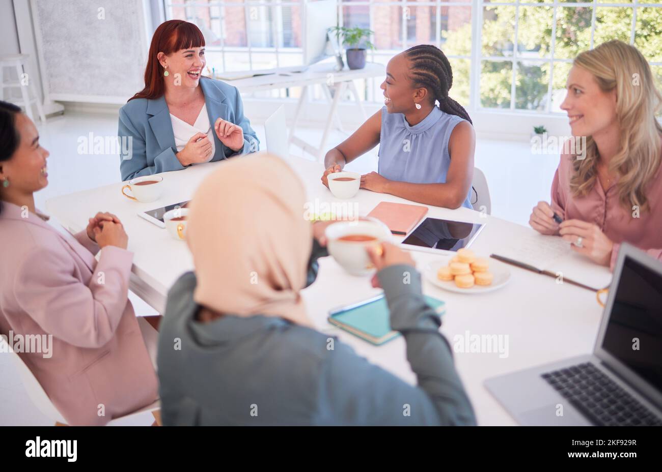 Business people, diversity and meeting in social discussion laughing in fun team development at ...