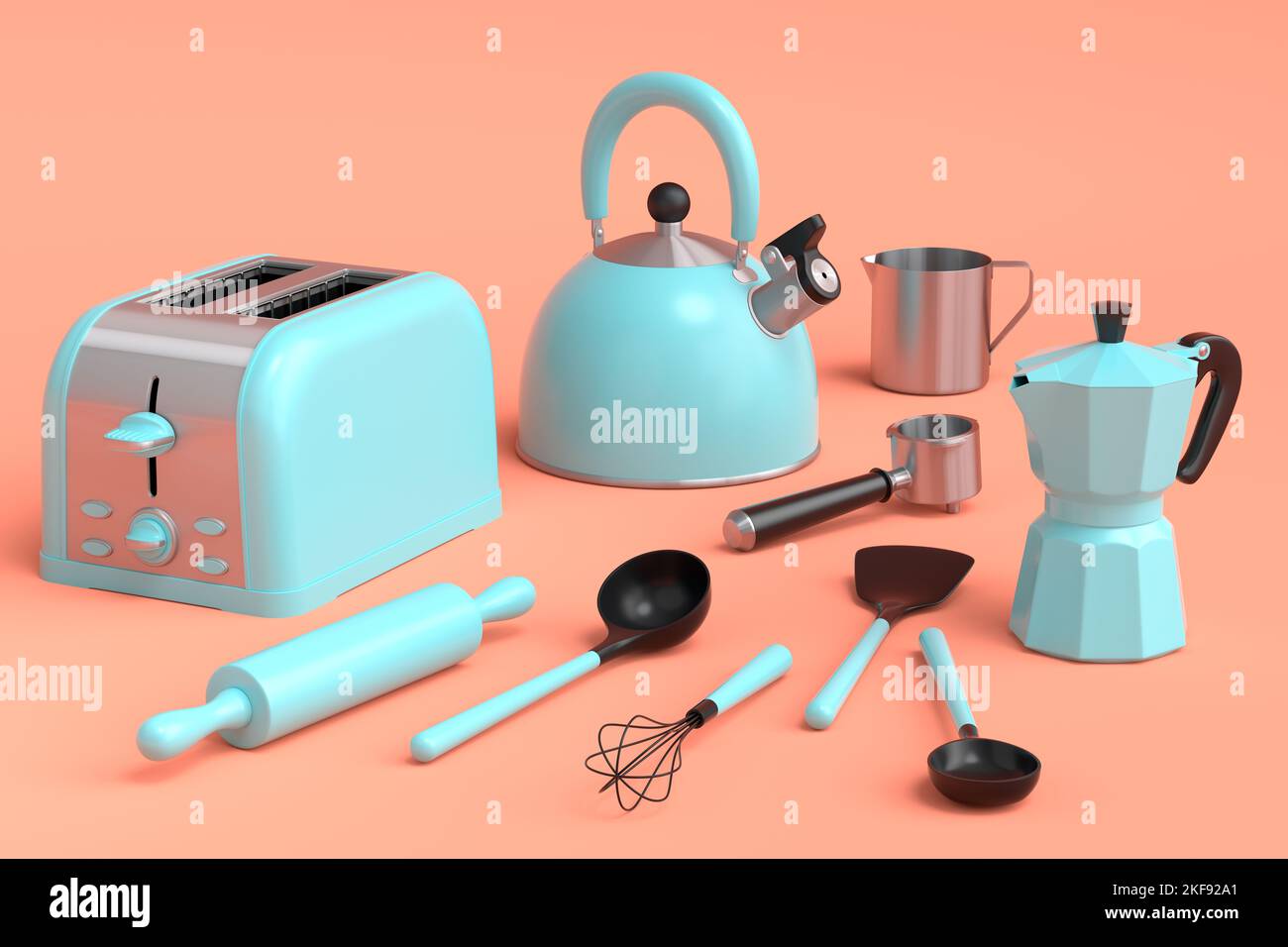 Toaster, kettle, coffeemaker with kitchen utensil for preparation of ...