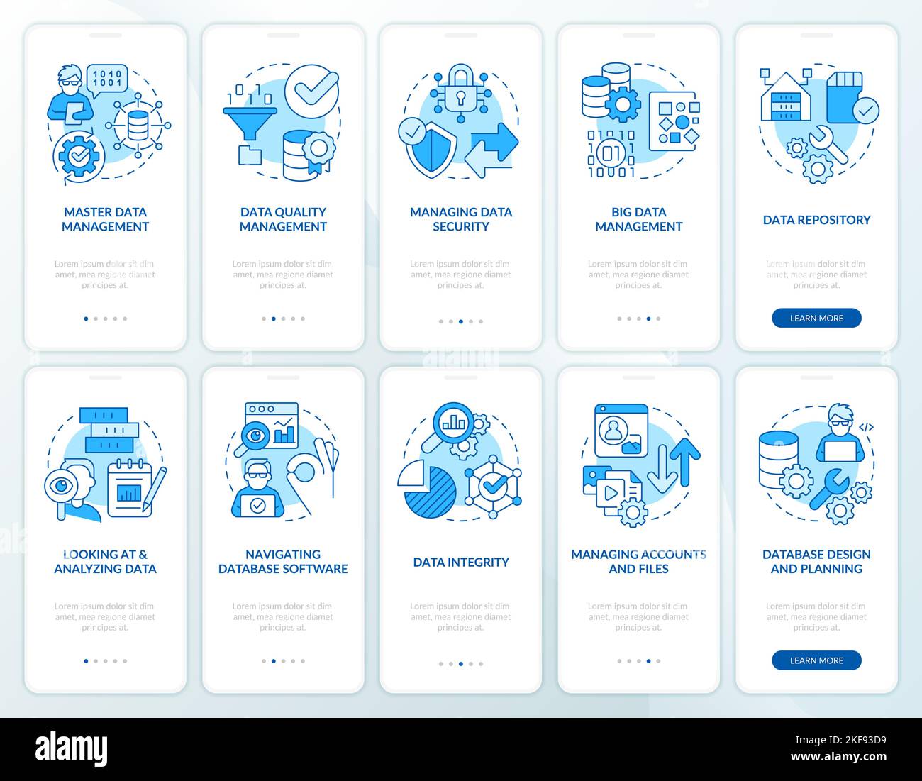 Data regulation process blue onboarding mobile app screen set Stock ...