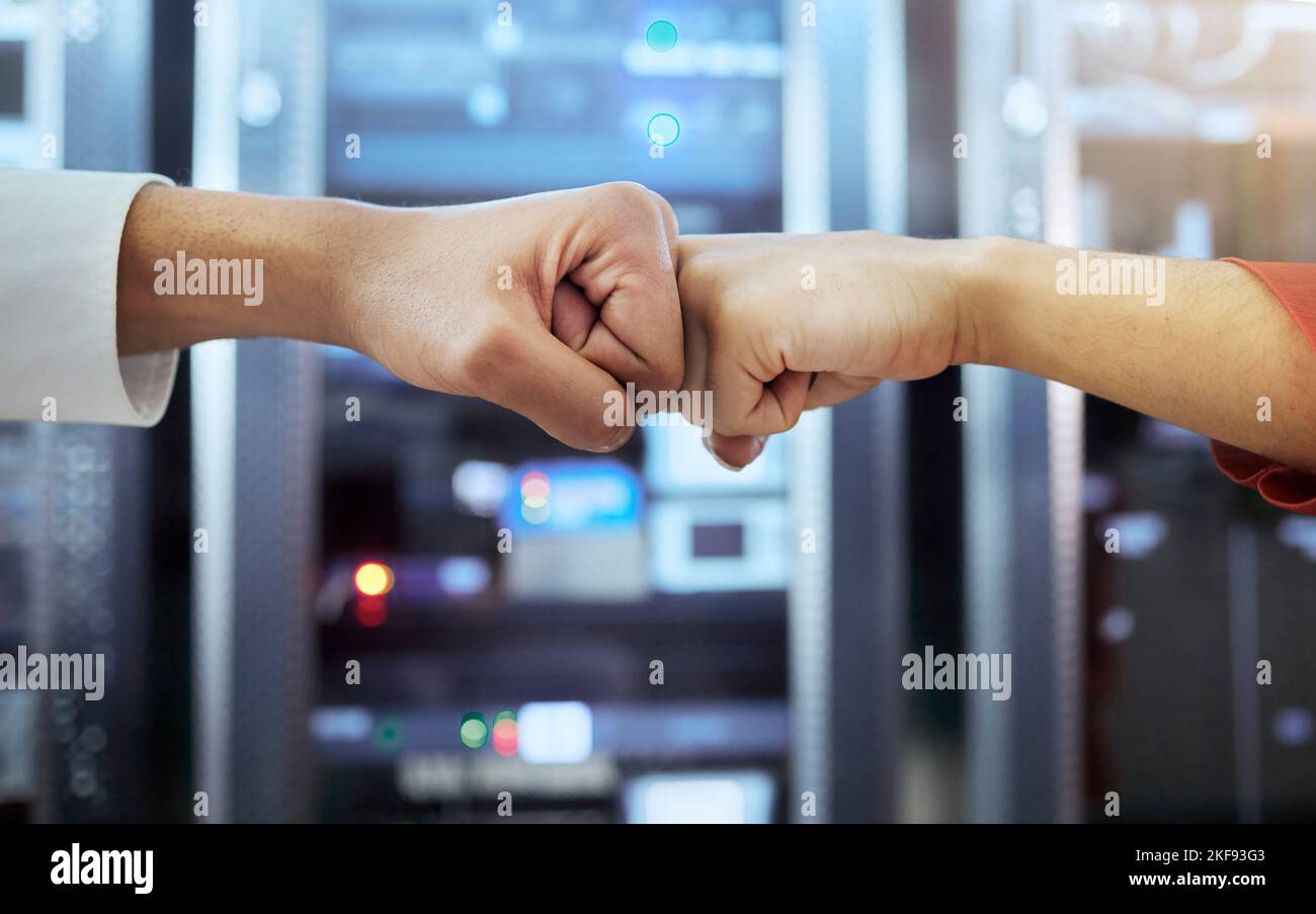 Fist Bump Coding Teamwork And Programming Server Room Of Cyber Data Security Storage Coding