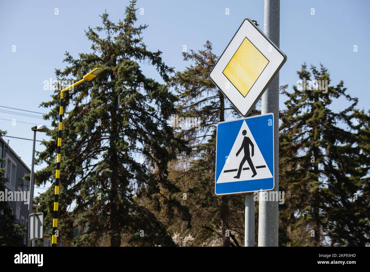 Road sign main road with pedestrian crossing sign . Speed main road ...