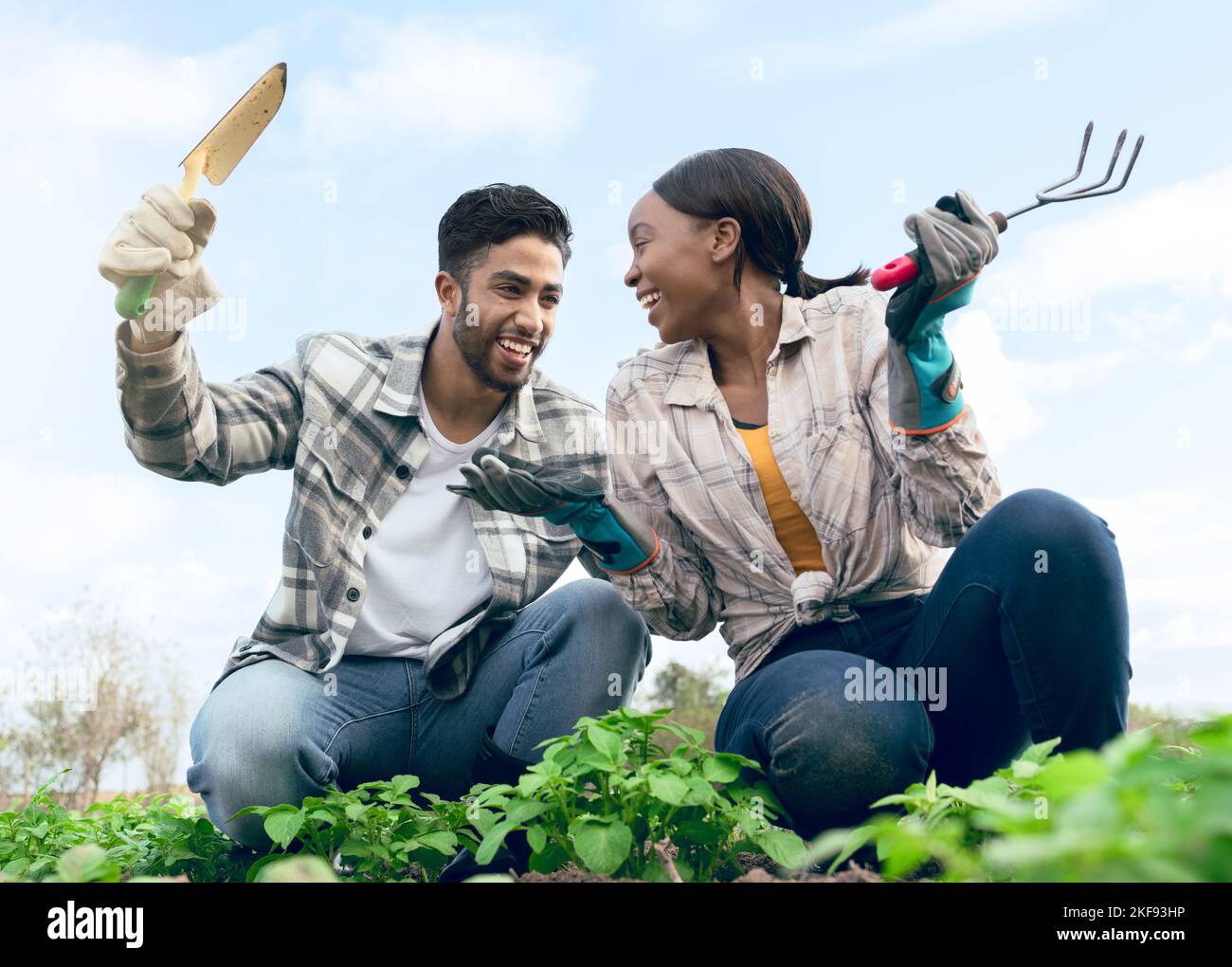 People, farm and diverse man and woman planting in an eco friendly ...