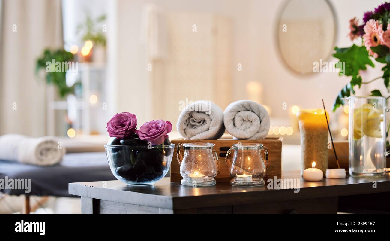 Spa, luxury and wellness room at a resort for relax, peace and beauty ...