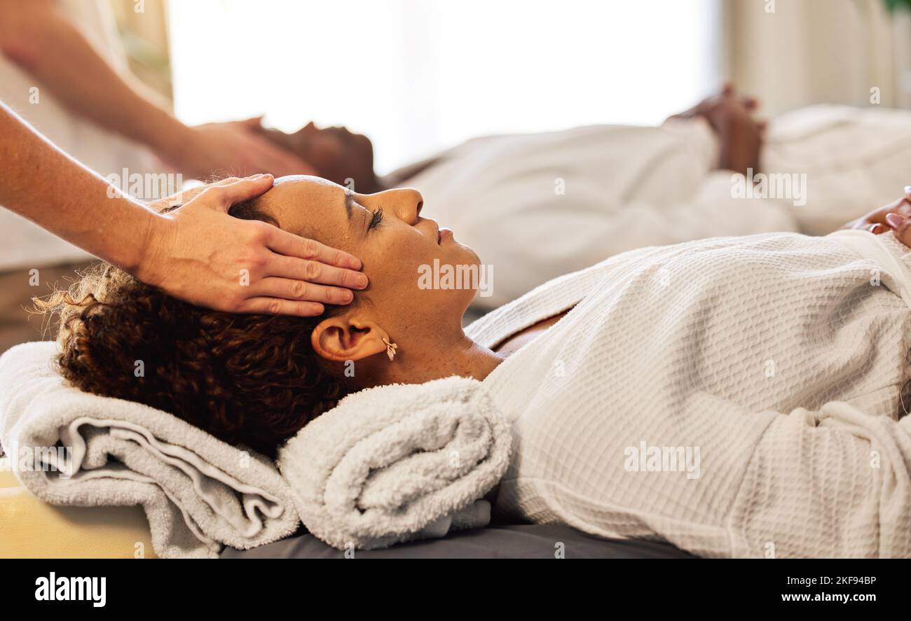 Couple, spa and head massage sleep with facial, skincare and luxury ...