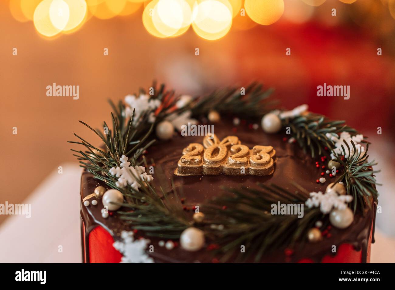 Christmas red cake covered with chocolate with sprigs of a Christmas ...