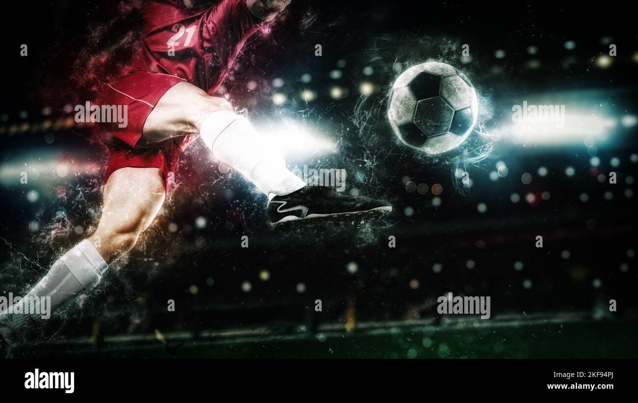 Game action with light effects of a footballer hitting the ball with ...