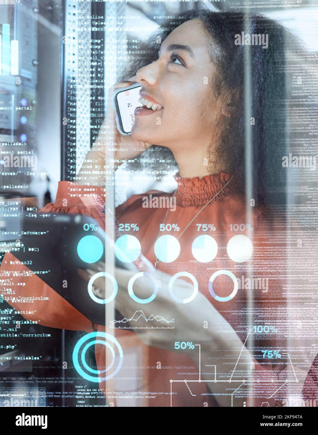 Overlay, chart and software engineer with phone call, graph and ...