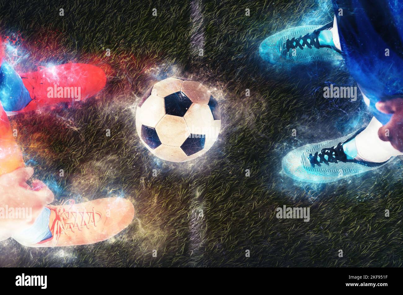 Two soccer players challenge each other at the stadium with electric ...