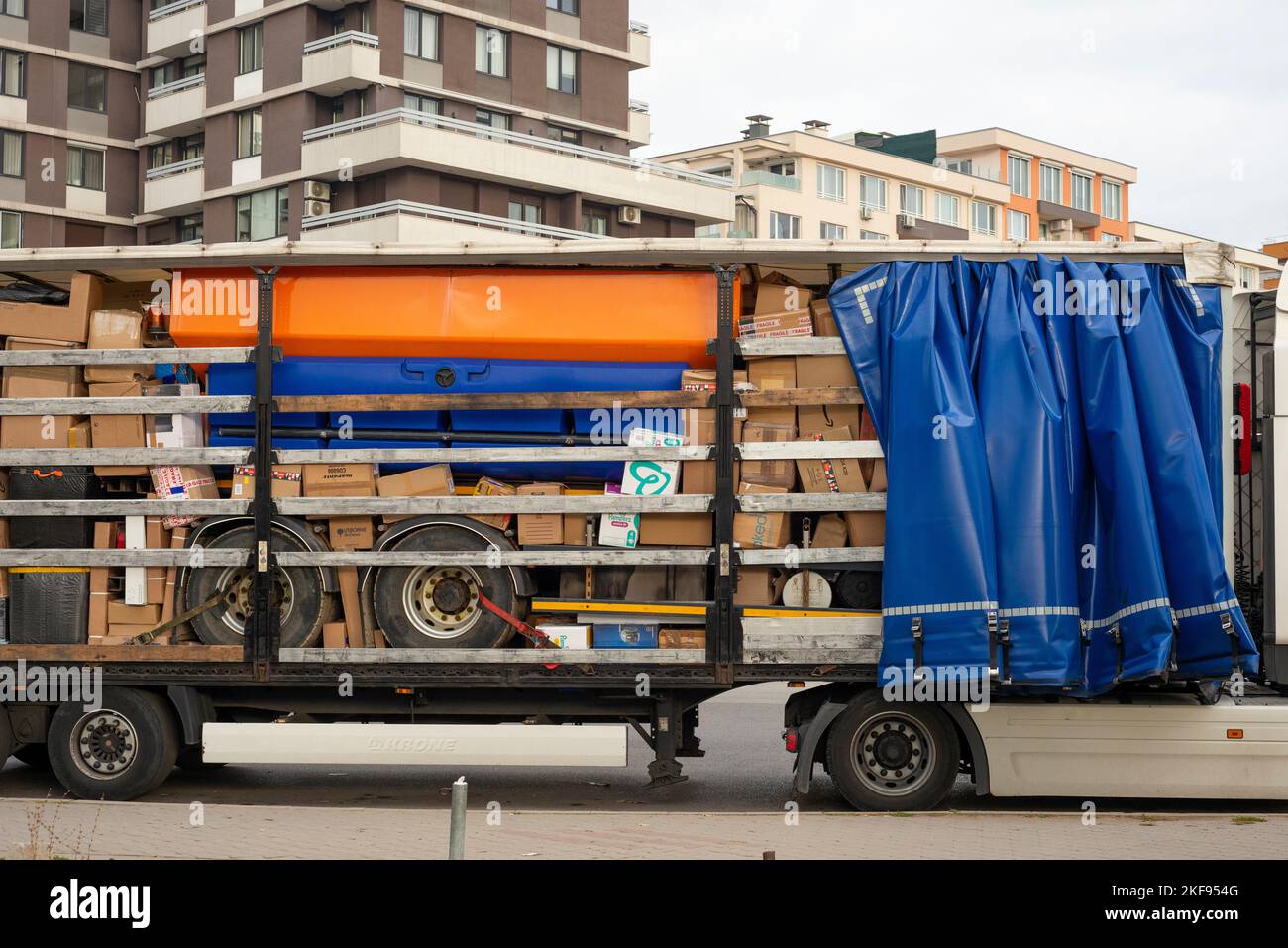 Parcels and a truck inside cargo delivery trailer in Sofia, Bulgaria ...