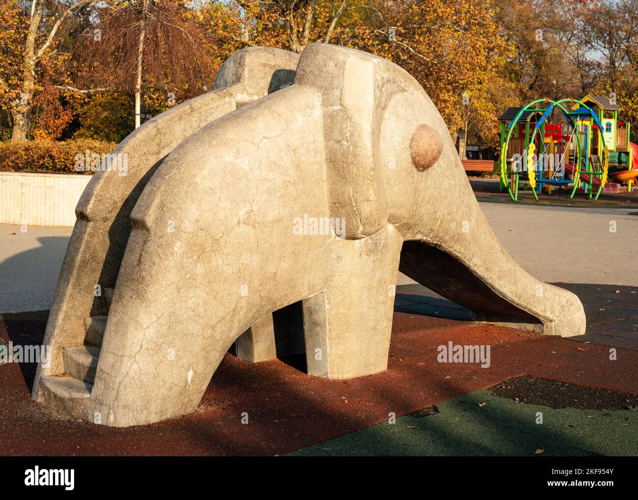 Stone elephant slide and no children on park playground in Sofia ...