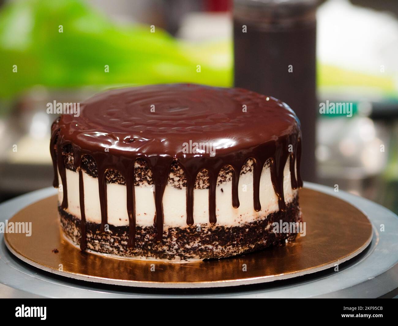 dark chocolate drips birthday sweet cake, fresh fruits Raspberry ...