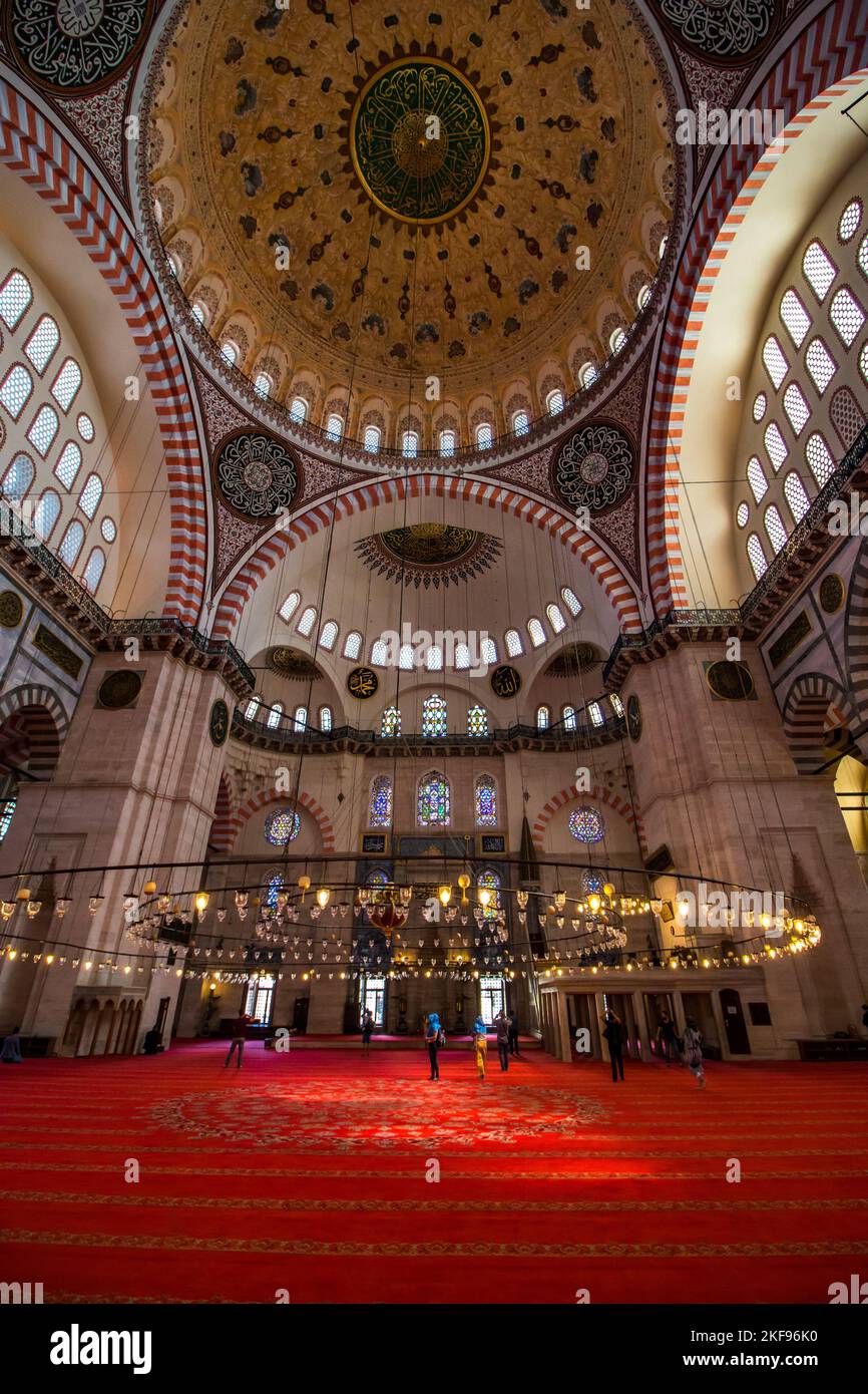 A vertical of Suleymaniye Camii Mosque interior, inner architecture of ...