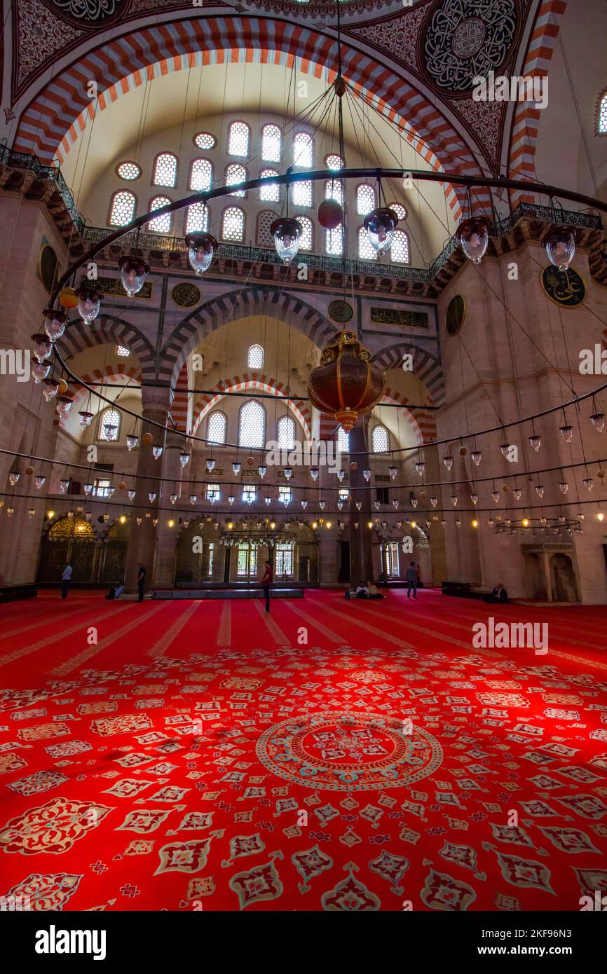 A vertical of Suleymaniye Camii Mosque interior, inner architecture of ...