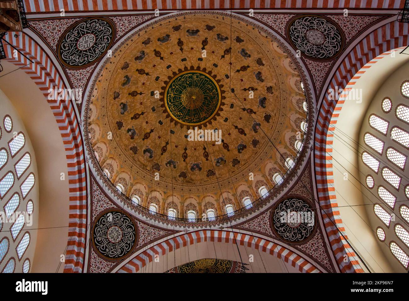 A low angle of Suleymaniye Camii Mosque ceiling, inner architecture of ...