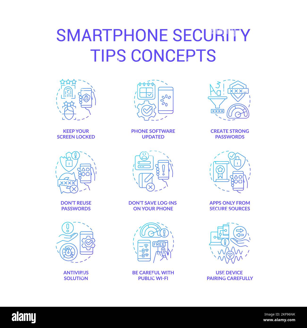 Smartphone security tips blue gradient concept icons set Stock Vector Image & Art - Alamy