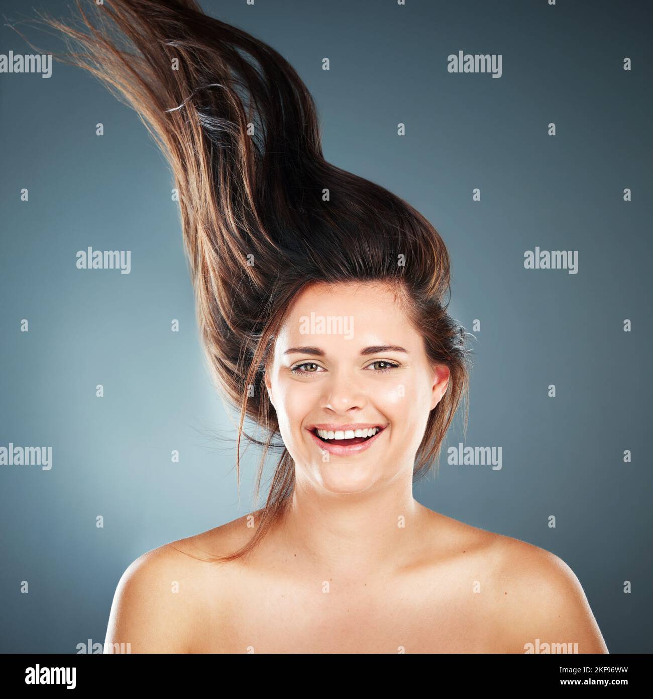 Salon hair care, wind and portrait of model happy with cosmetics hair ...