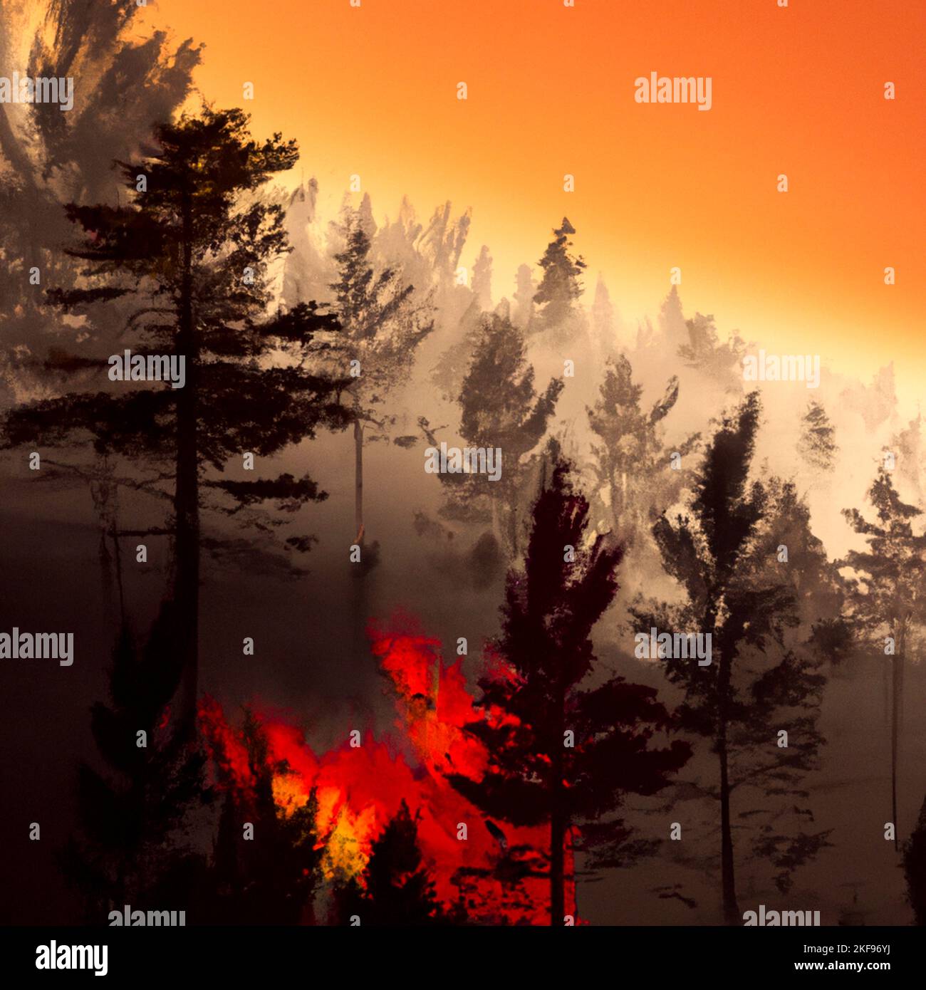 France, Paris on 2022-11-06. Digital illustration of a mega forest fire ...