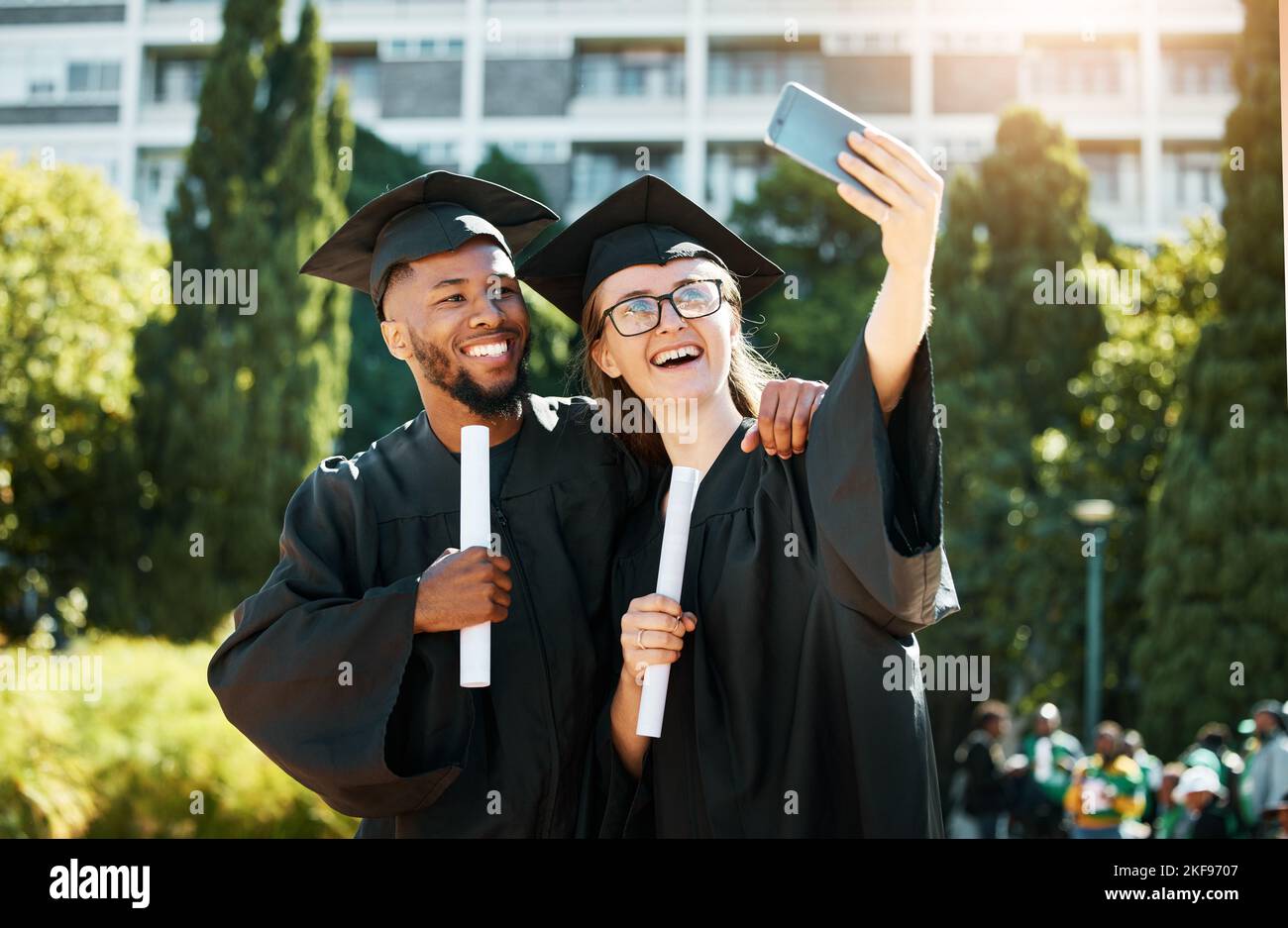 Graduation, selfie and friends smile for school success education and ...