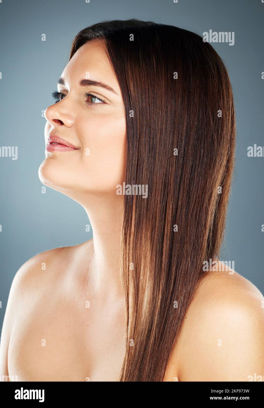 Salon hair, profile and face of woman with luxury hair care treatment ...