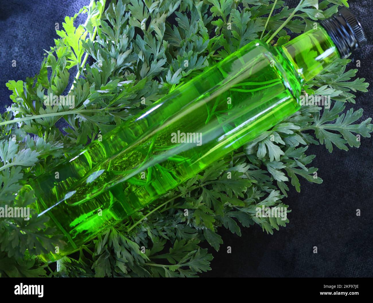 bottle of green absinthe drink on the black background with herbs Stock ...