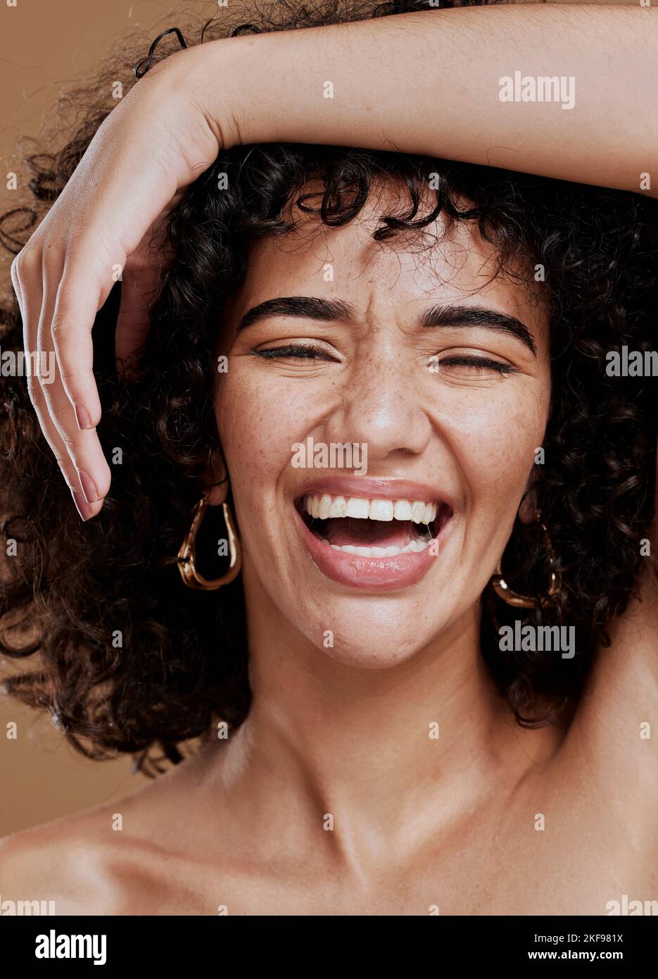 Black woman, skincare and beauty wellness of a model laughing from skin ...