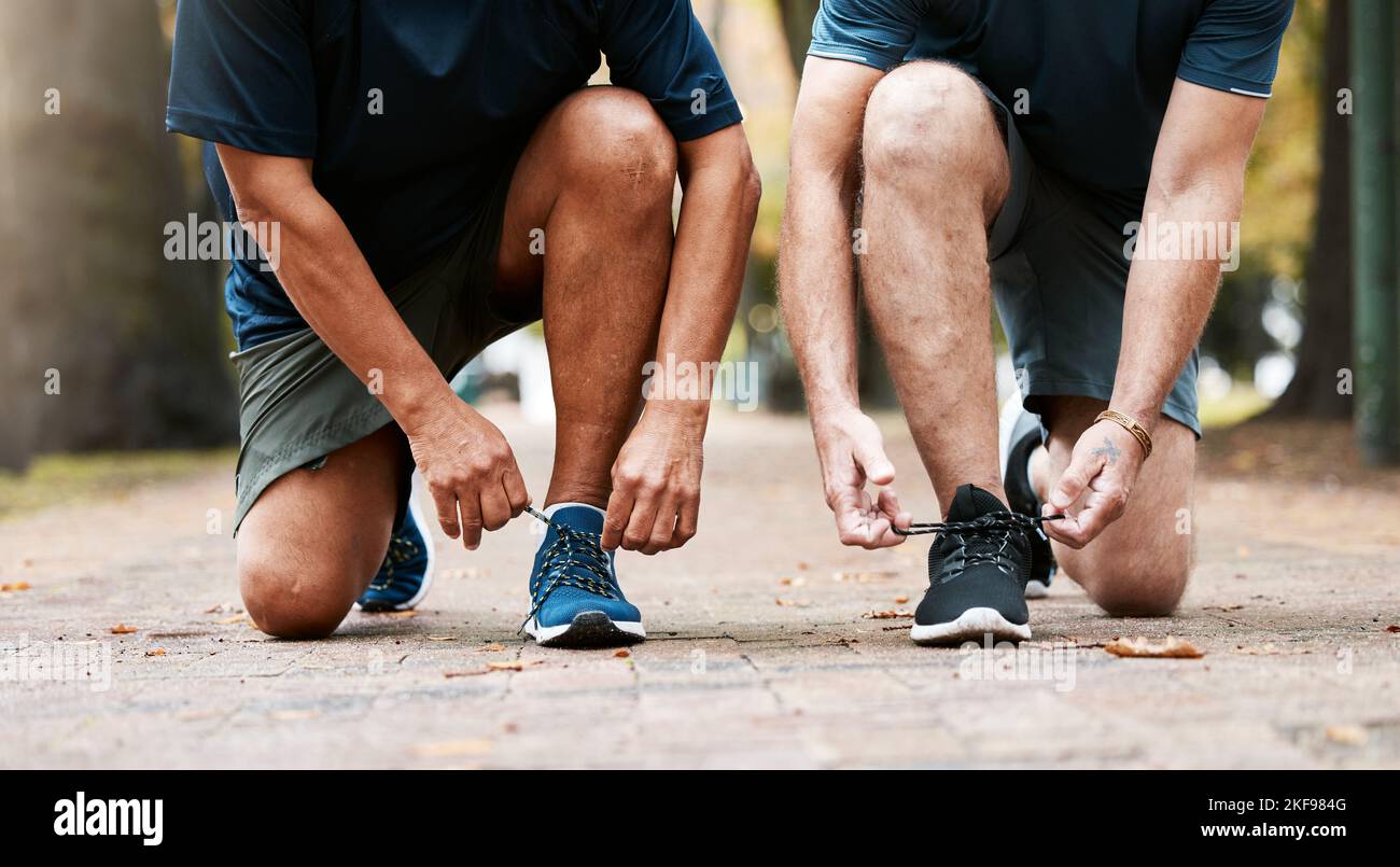 Legs, tie lace and sports running team for fitness or healthcare ...