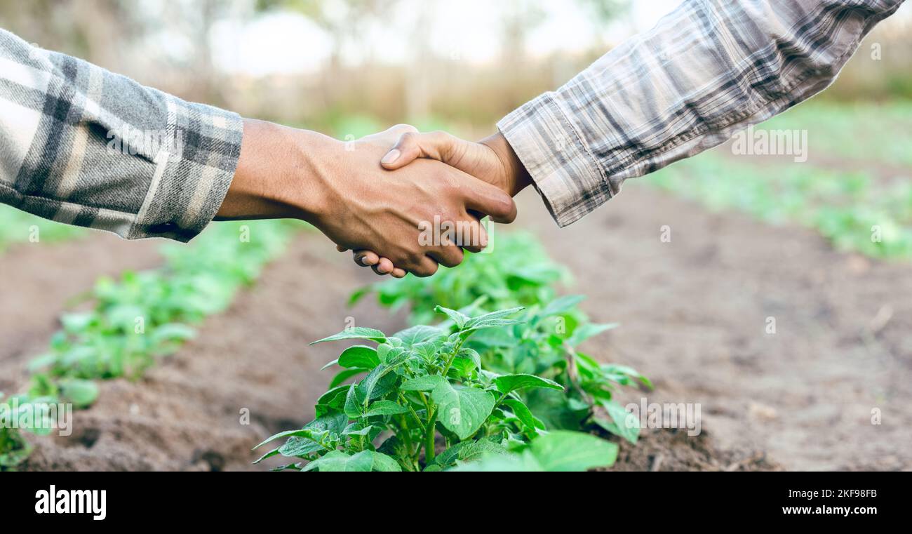 Farm, handshake closeup and partnership collaboration success outdoors ...