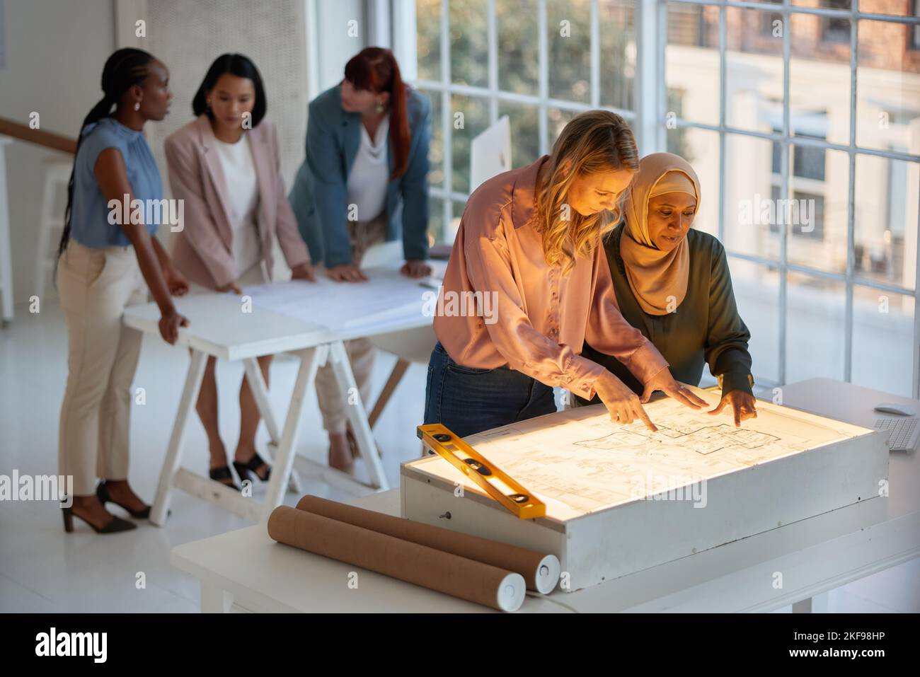 Interior design, architecture teamwork and business women meeting ...