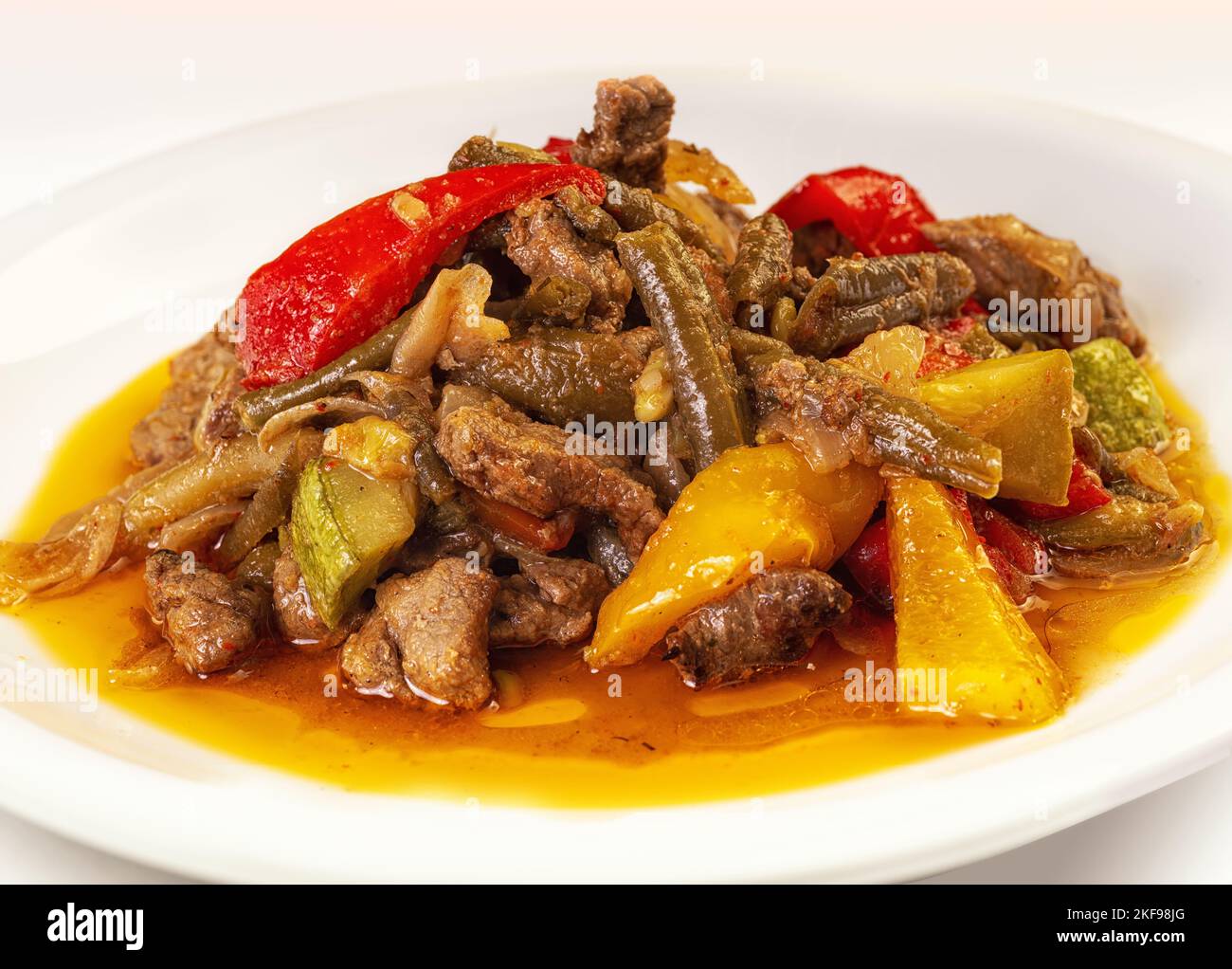 Delicious beef meat stew dish with potatoes, carrot and gravy flat lay ...