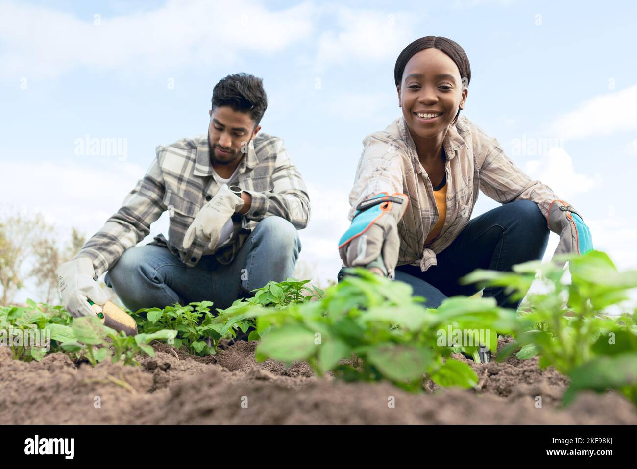 Farmers, plant vegetables and smile for growth, community garden and ...