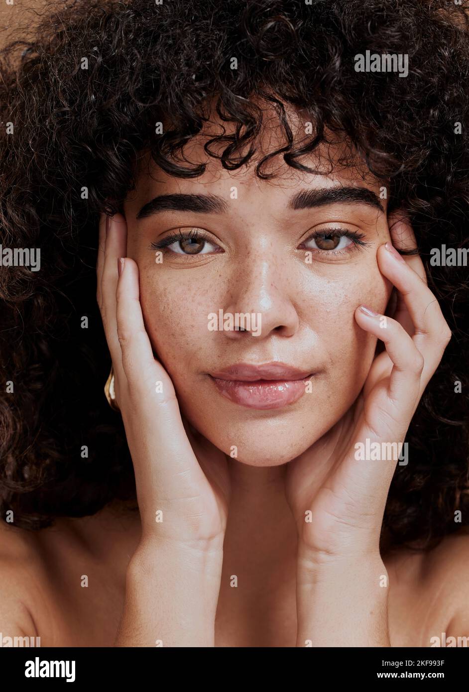 Beauty, portrait and natural face of black woman with healthy freckle ...