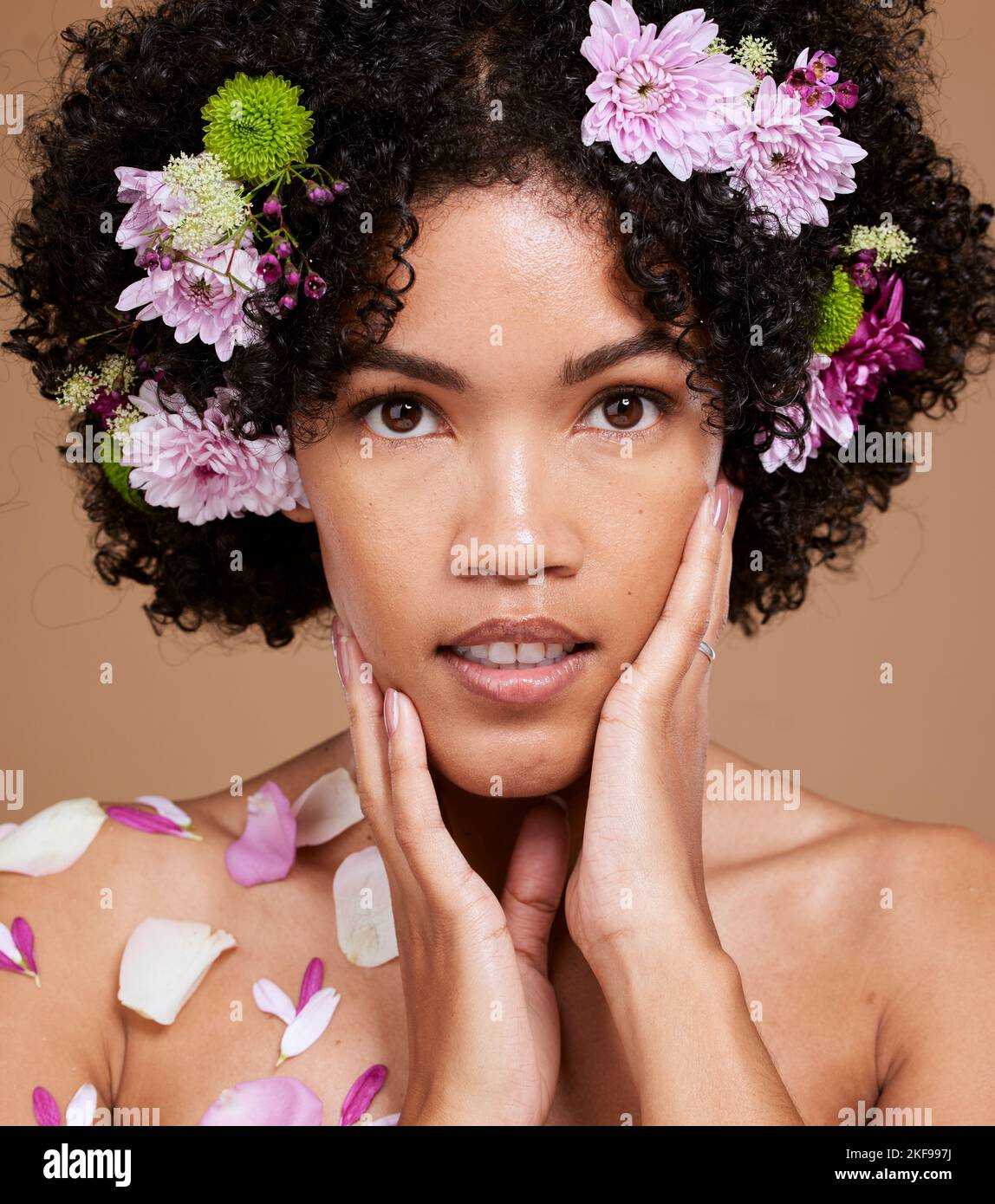 Beauty, face and black woman with flower art in creative portrait for ...