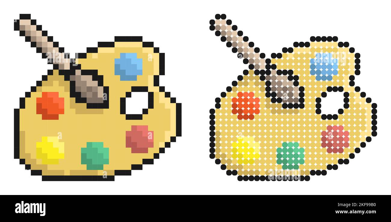 Pixel icon. Palette with multicolored watercolors and brush. Stationery ...