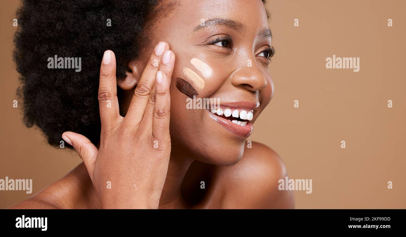 Black woman, makeup and foundation for skincare beauty, health or ...