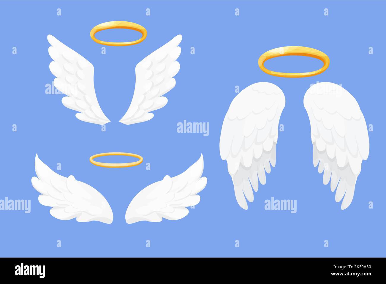 Set Angel wings white with halo, nimbus in cartoon style isolated on blue background, collection ...