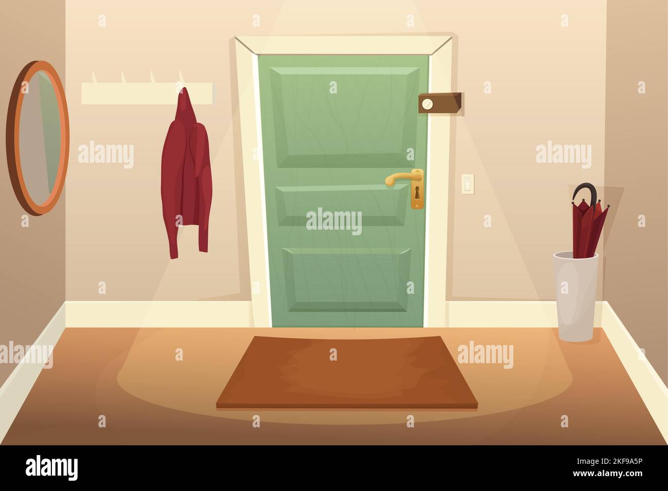 Hallway with locked door, interior with mirror, hanger in cartoon style ...