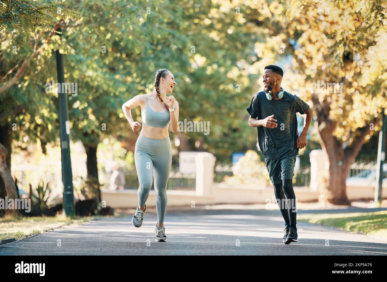 Fitness park, diversity and running couple workout for cardio health ...