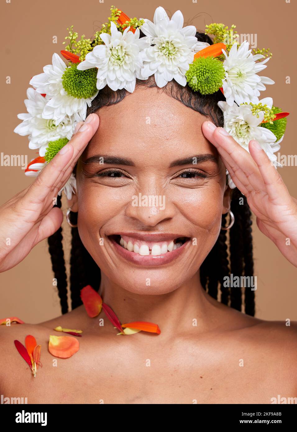 Flower crown, happy black woman and studio portrait for cosmetic makeup ...