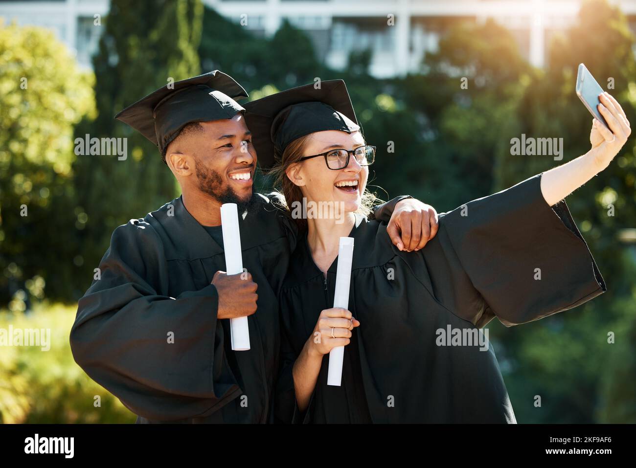 Selfie, university and friends with graduation students posing for a ...