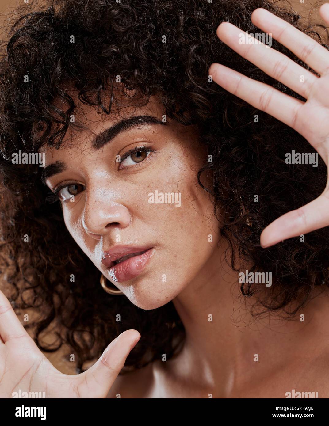 Frame, woman and face portrait for beauty, skincare and health or ...