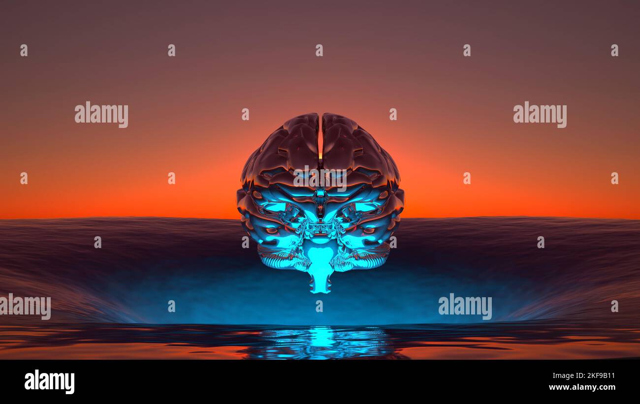 human brain front view hovering over the horizon of the sea at sunset ...